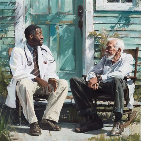 African American Doctor And Patient Sitting On A Bench In Front Of An