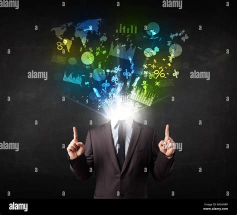 Business Man In Suit With Graph And Charts Exploding From His Body Concept Stock Photo Alamy