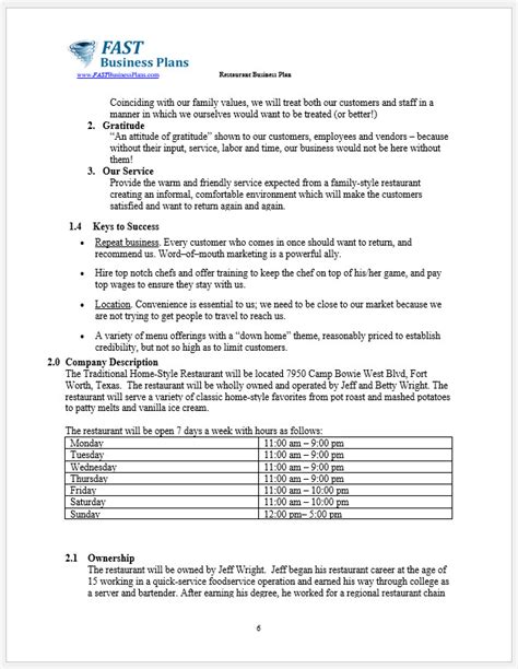 Restaurant Business Plan Template Word