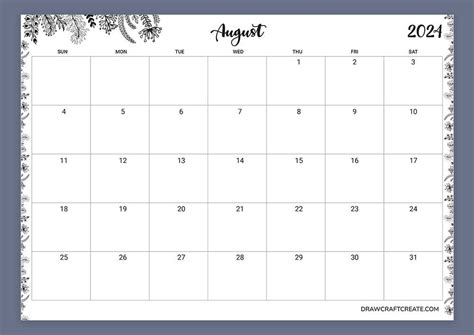 Free Printable August 2024 Calendar Template Draw Craft Create