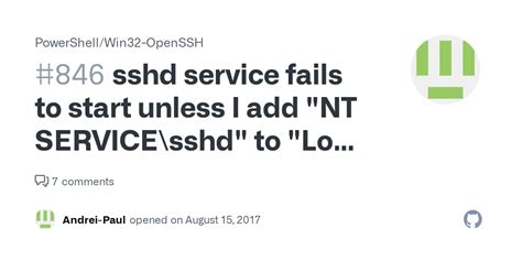 Sshd Service Fails To Start Unless I Add Nt Servicesshd To Log On