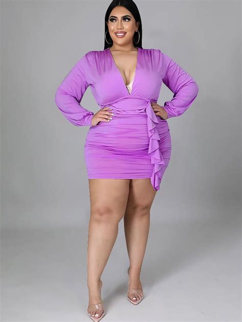 Plus Size Long Sleeve Ruched Bodycon Mini Dresses Vestidos Para