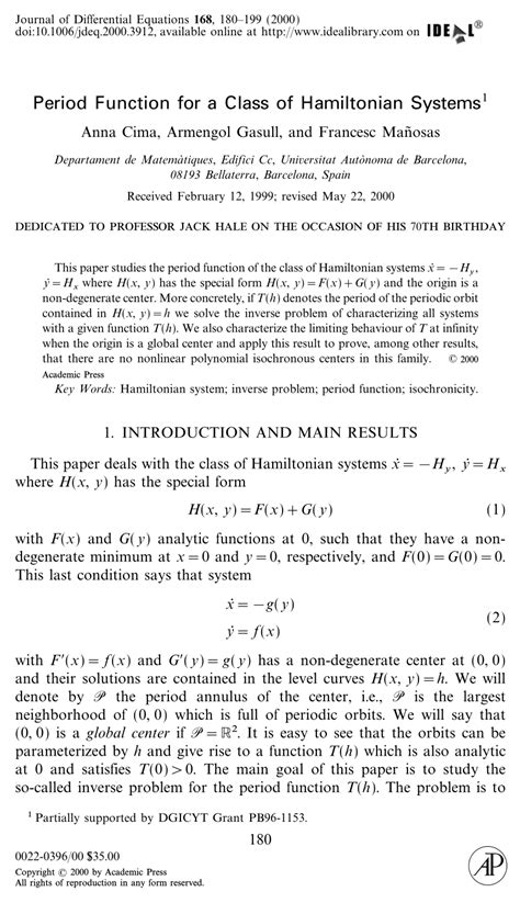 Pdf Period Function For A Class Of Hamiltonian Systems