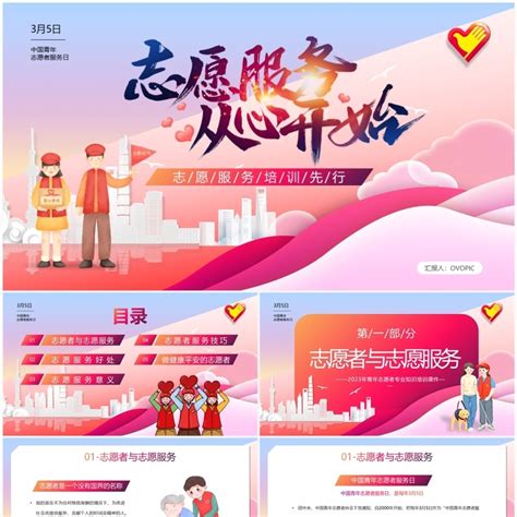 红色卡通风青年志愿者服务日ppt模板ppt模板 【ovo图库】