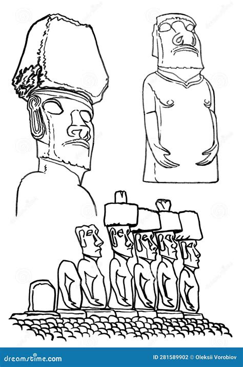 Graphical Sketchy Collection Of Moai Statues Isolated On White