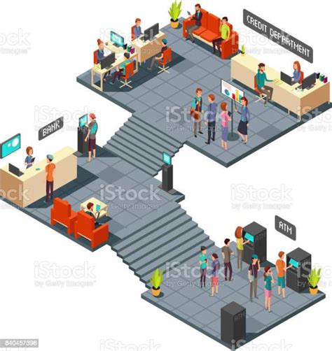 Interior Isometrik Kantor Bank Komersial 3d Dengan Pebisnis Di Dalamnya