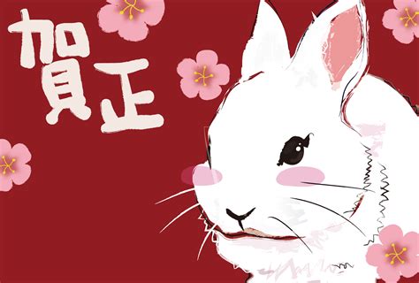 無料年賀状テンプレート「卯（う）」華やかうさぎダウンロード｜かわいいイラストとテンプレート 年賀素材館