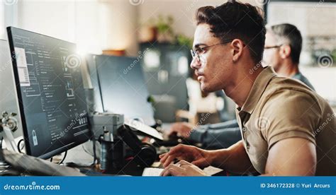 Computer, Programming and Web Development with Man in Creative Workplace for Coding or Design ...
