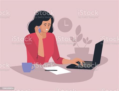 온라인 작업 노트북을 가진 소녀 사람과 사업 작업 과정 사무 업무 프리랜서 집에서 일하십시오 비서에 대한 스톡 벡터 아트 및
