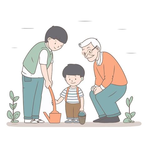 할아버지와 손자가 함께 정원 가꾸고 있습니다 프리미엄 Ai 생성 벡터