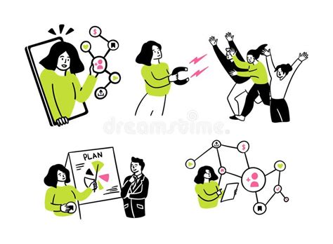 Cartoon Color Social Media Marketing Analytics Art Concept Scenes Set Vector Stock Illustration