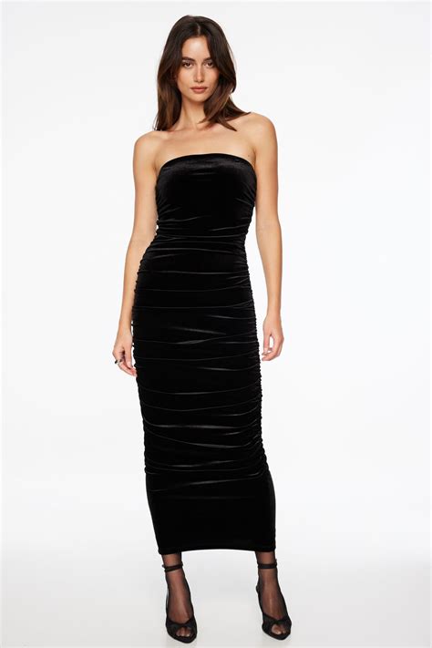 Ruched Tube Velvet Midi Dress Black Dynamite