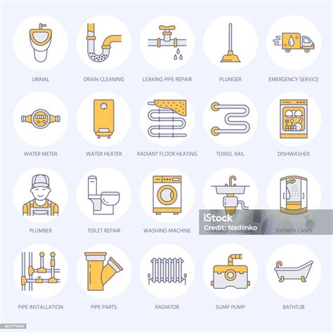 배관 서비스 벡터 플랫 라인 아이콘입니다 집 목욕탕 장비 수도 꼭지 화장실 파이프라인 세탁기 식기 세척기 배관공 수리 그림 허드 렛 일꾼 서비스에 대 한 얇은 색된 표지판