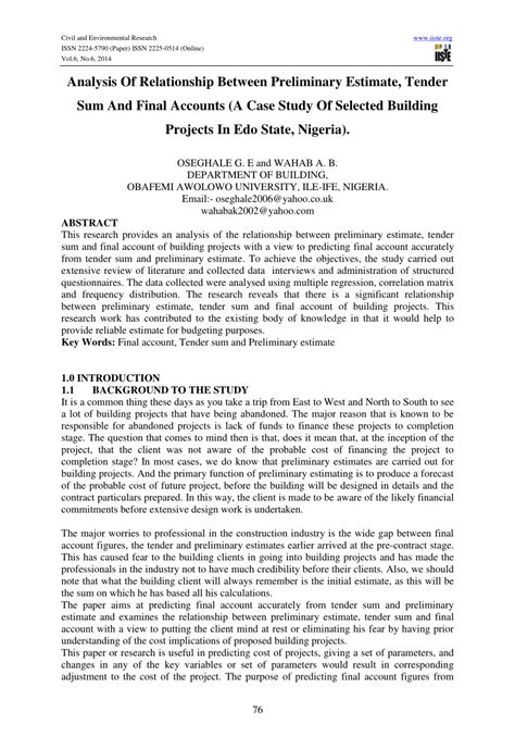 Pdf Analysis Of Relationship Between Preliminary Estimate Tender Sum