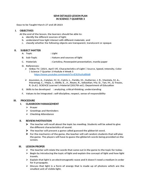 Semi Detailed Lesson Plan In Nature And Sources Of Light Pdf Light