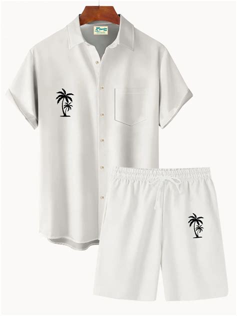 Royaura Hawaiian Coconut Tree Print Mens Button Pocket Two Piece Shirt