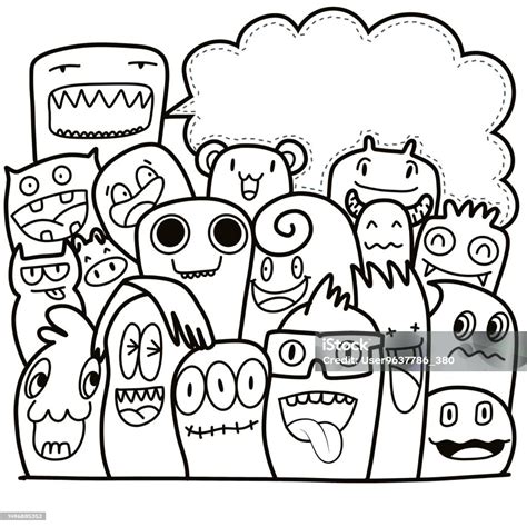 손으로 그린 삽화 괴물 낙서 손으로 그린 만화 괴물 그림 만화 군중 낙서 손으로 그린 낙서 스타일흑백 줄무늬 색칠하기 책 경기 조추첨에 대한 스톡 벡터 아트 및 기타 이미지