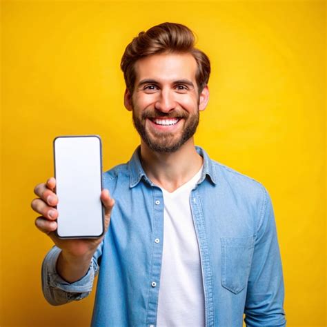 Premium Photo Mobile App Advertisement Handsome Excited Man Showing Smartphone With White