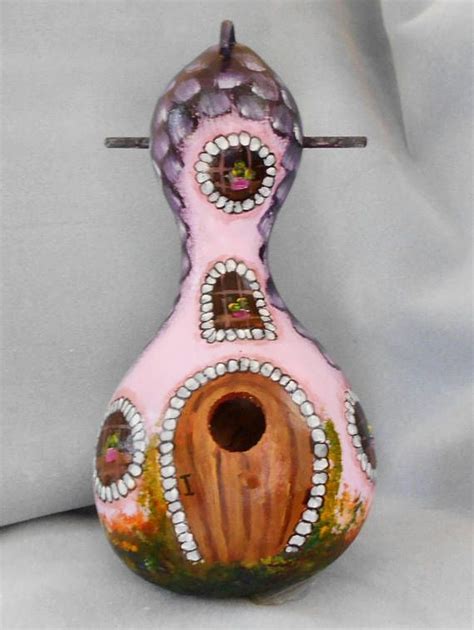 Purple Thashed Roof Bird House Gourd Original Hand Painted Hand