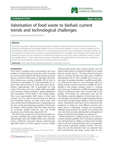 PDF Valorisation Of Food Waste To Biofuel Current Trends And Technological Challenges