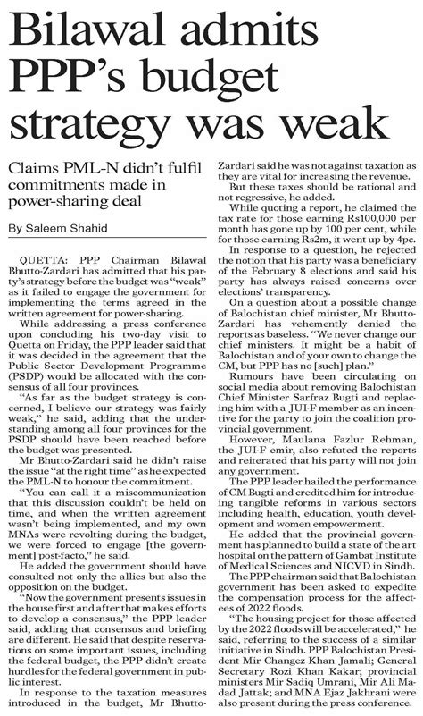 Dawn Epaper Jul 06 2024 Bilawal Admits Ppp`s Budget Strategy Was Weak