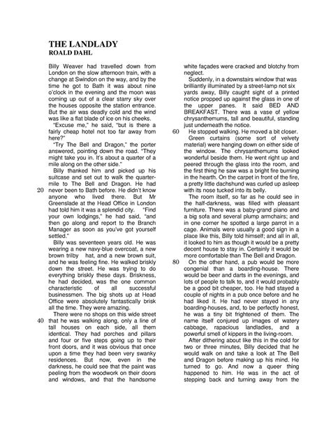 Landlady Text THE LANDLADY ROALD DAHL Billy Weaver Had Travelled Down