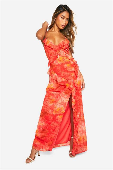 Printed Chiffon Ruffle Maxi Dress Boohoo Uk