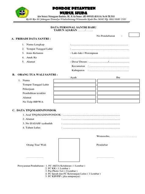 Formulir Pendaftaran Santri Baru Pondok Pdf