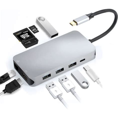 Hub Usb C 9 En 1 Sunk Hdmi Rj45 Thunderbolt 3 Lecteur De Cartes