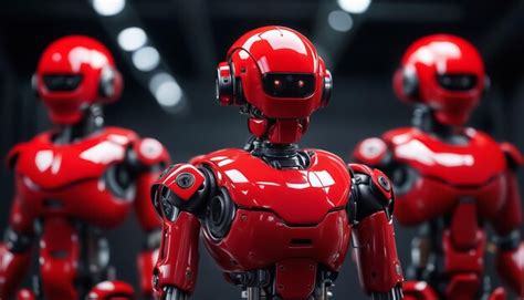 Premium Photo Android Robots Three Red Robots Skyfi Robots In A Warehouse