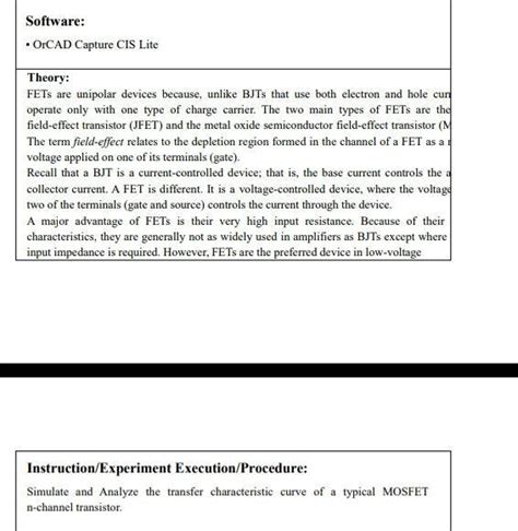 Solved Software Orcad Capture Cis Lite Theory Fets Are