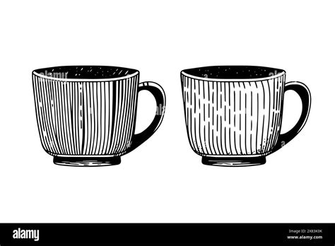Set Of Vintage Cups Or Mugs Hand Drawn Ink Sketch Engraved Style