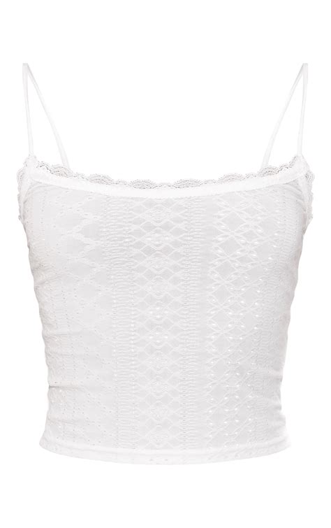 Cream Textured Stretch Lace Trim Bow Strap Cami Tops