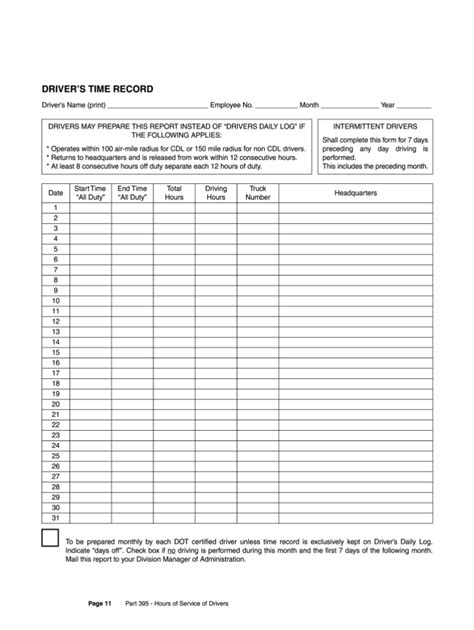 Printable Transportation Log Template
