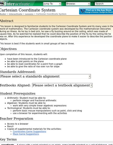 Cartesian Coordinate System Lesson Plan For 9th 12th Grade Lesson