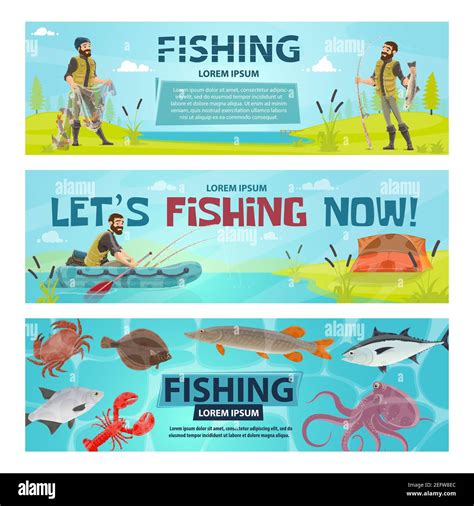 Fishing Sport Banners Design Of Fisherman On Fishing With Rod In
