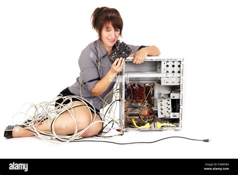 Woman Holding Hard Disk Drive Trying To Repair Computer Stock Photo Alamy
