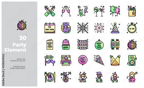 Vector Color Line Icons Set Of New Year Party And Party Element Icon