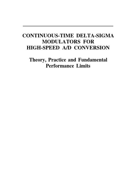 Continuous Time Delta Sigma Modulators For High Speed Ad Conversion Pdf Analog To Digital