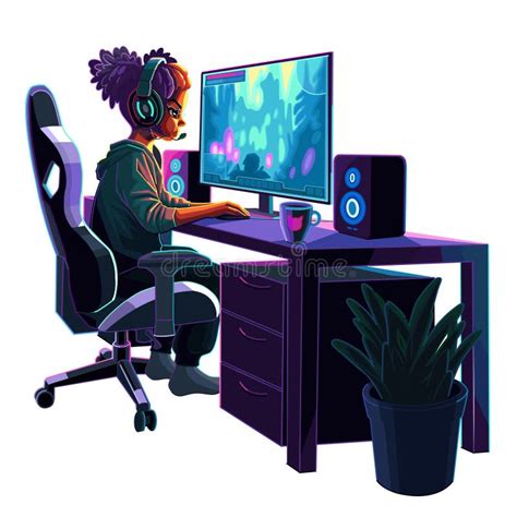 African Gil Gamer Or Streamer With A Headset Sits In Front Of A Computer Stock Vector