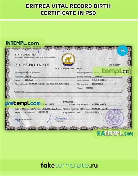 Eritrea Vital Record Birth Certificate PSD Download Template