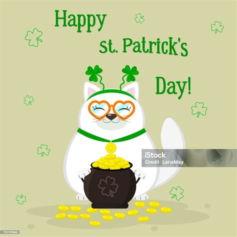 성 패 트 릭의 날입니다 클로버의 녹색 테두리에 흰색 고양이 금화 리본과 메달의 냄비를 보유 하고있다 만화 스타일 디자인을 플랫 벡터 일러스트 레이 션 3월에 대한 스톡
