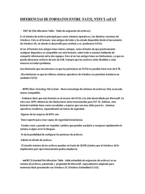 Diferencias De Formatos Fat Exfat Y Ntfs Pdf Familias De Sistemas