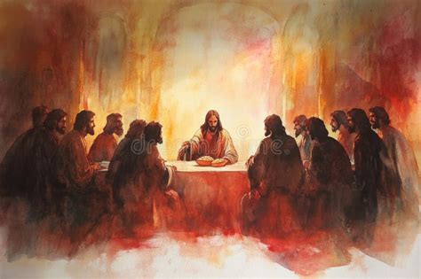 A Dramatic Watercolor Of Jesus Breaking The Bread At The Last Supper