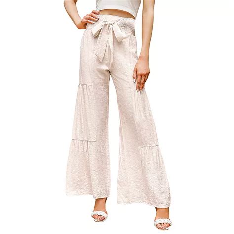 Womens Wide Leg High Waist Pants Smocked Elastic Waist Loose Flowy