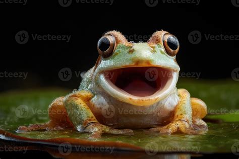 Colorful Tree Frog With Big Eyes And Open Mouth Sits On A Green Leaf