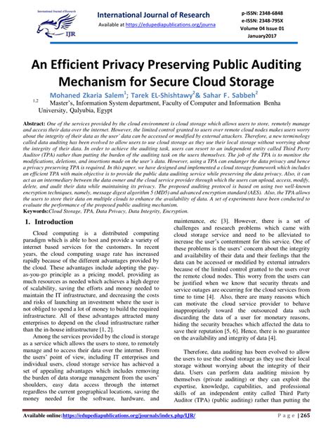 PDF An Efficient Privacy Preserving Public Auditing Mechanism For Secure Cloud Storage