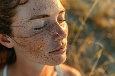 Closeup Of A Woman With Sunkissed Freckles And A Serene Expression