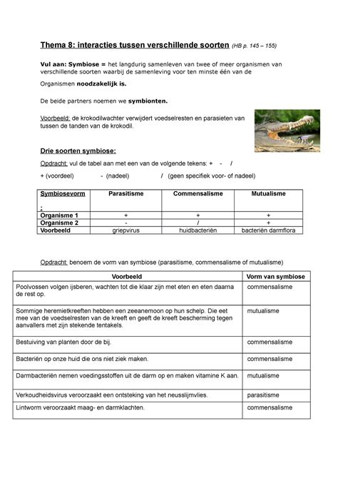 4 1 T8 Symbiose Werkblad IV6 Thema 8 Interacties Tussen