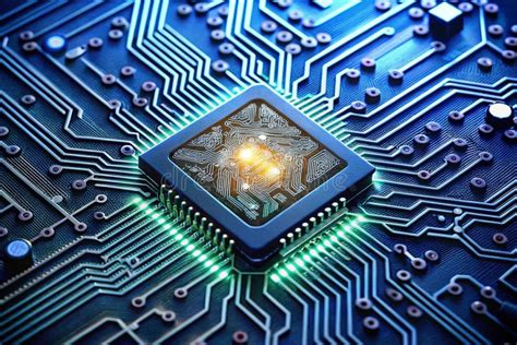 close up of illuminated central processing unit on circuit board stock